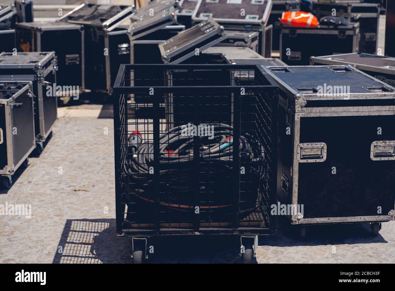Boxes stage equipment for a concert on wood and old brick Stock Photo ...