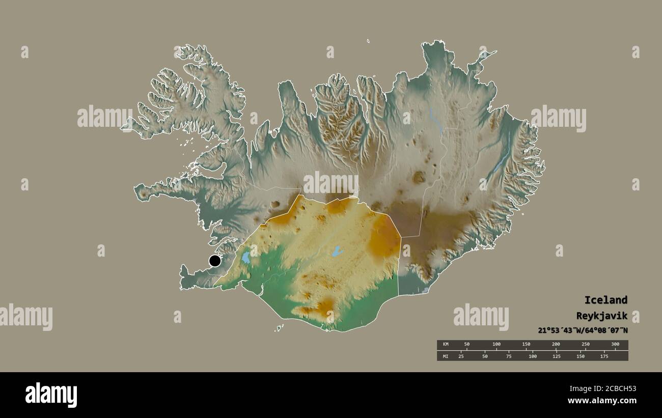 Desaturated shape of Iceland with its capital, main regional division ...