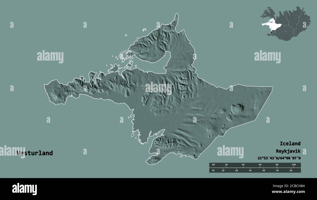 Shape of Vesturland, region of Iceland, with its capital isolated on ...