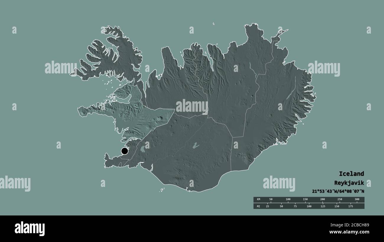 Desaturated shape of Iceland with its capital, main regional division ...