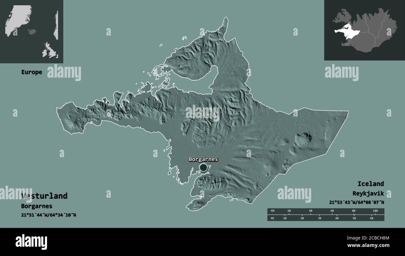 Shape of Vesturland, region of Iceland, and its capital. Distance scale ...