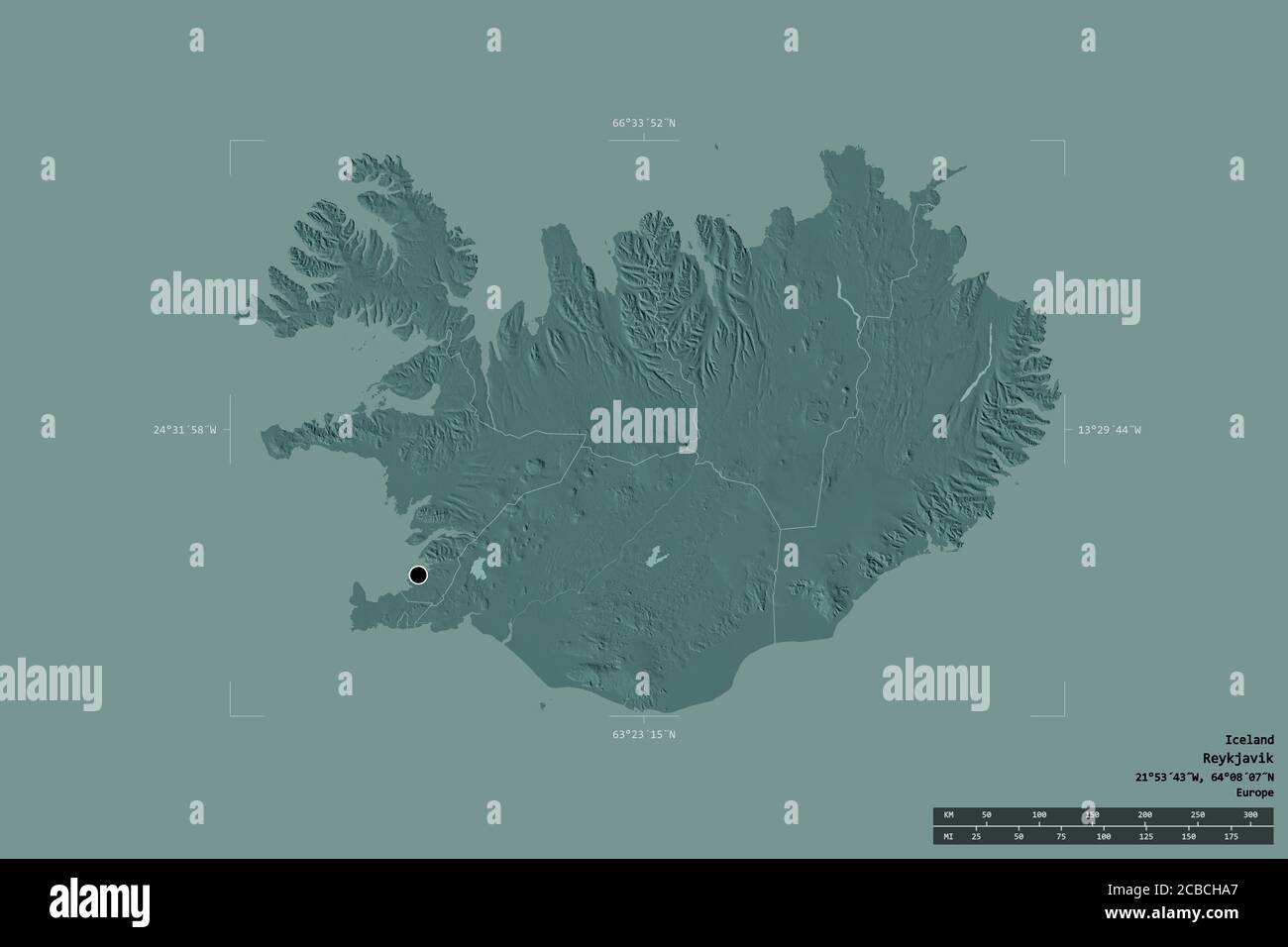 Area of Iceland isolated on a solid background in a georeferenced ...