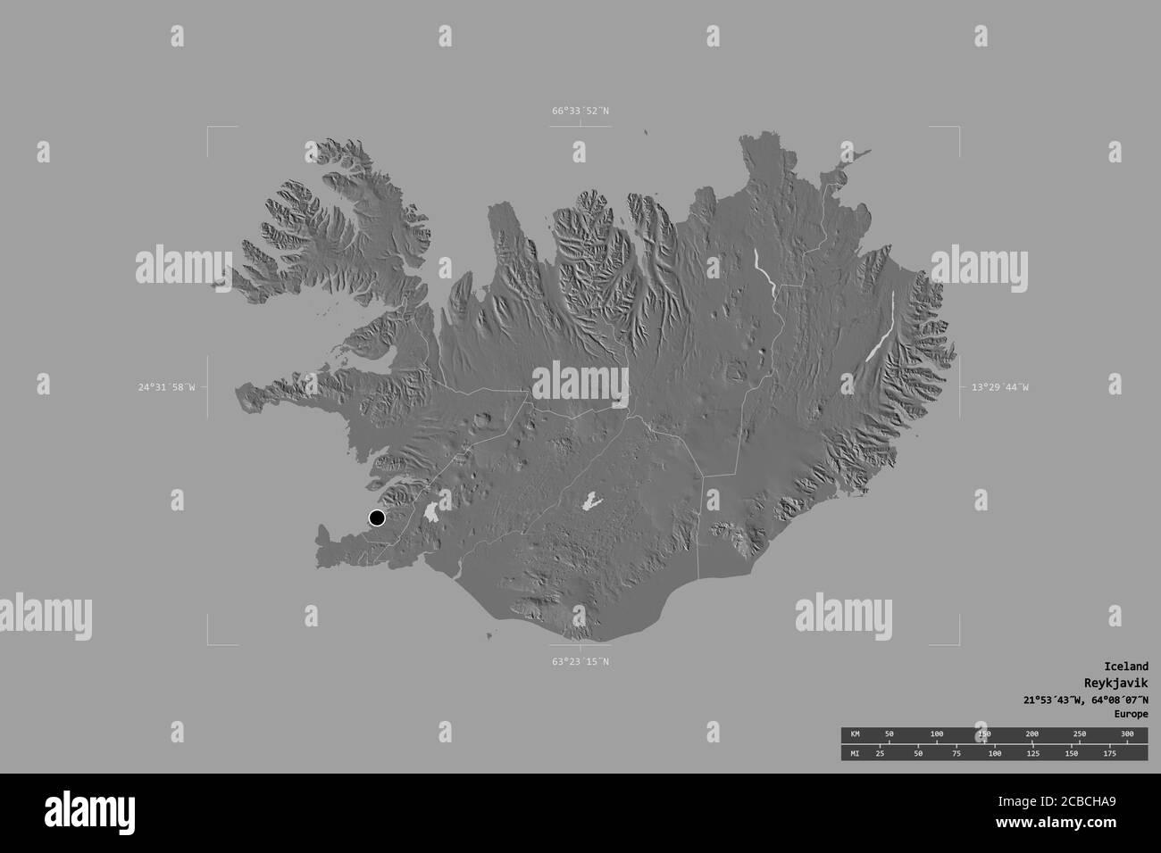Area of Iceland isolated on a solid background in a georeferenced ...