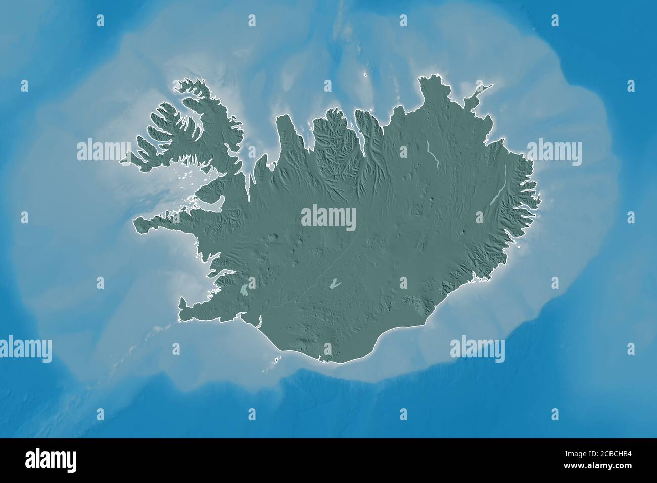 Extended area of outlined Iceland. Colored elevation map. 3D rendering ...
