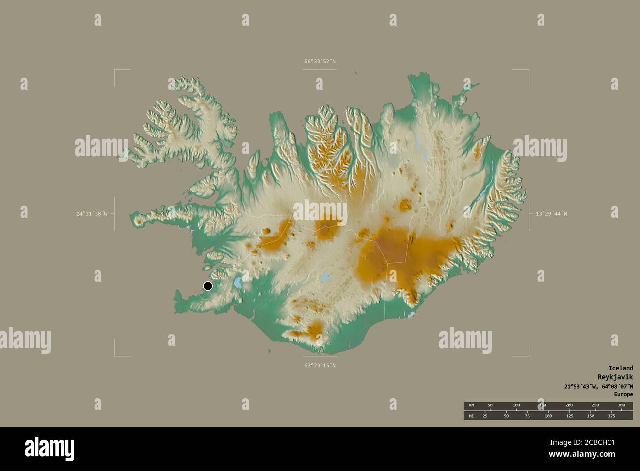 Area of Iceland isolated on a solid background in a georeferenced ...