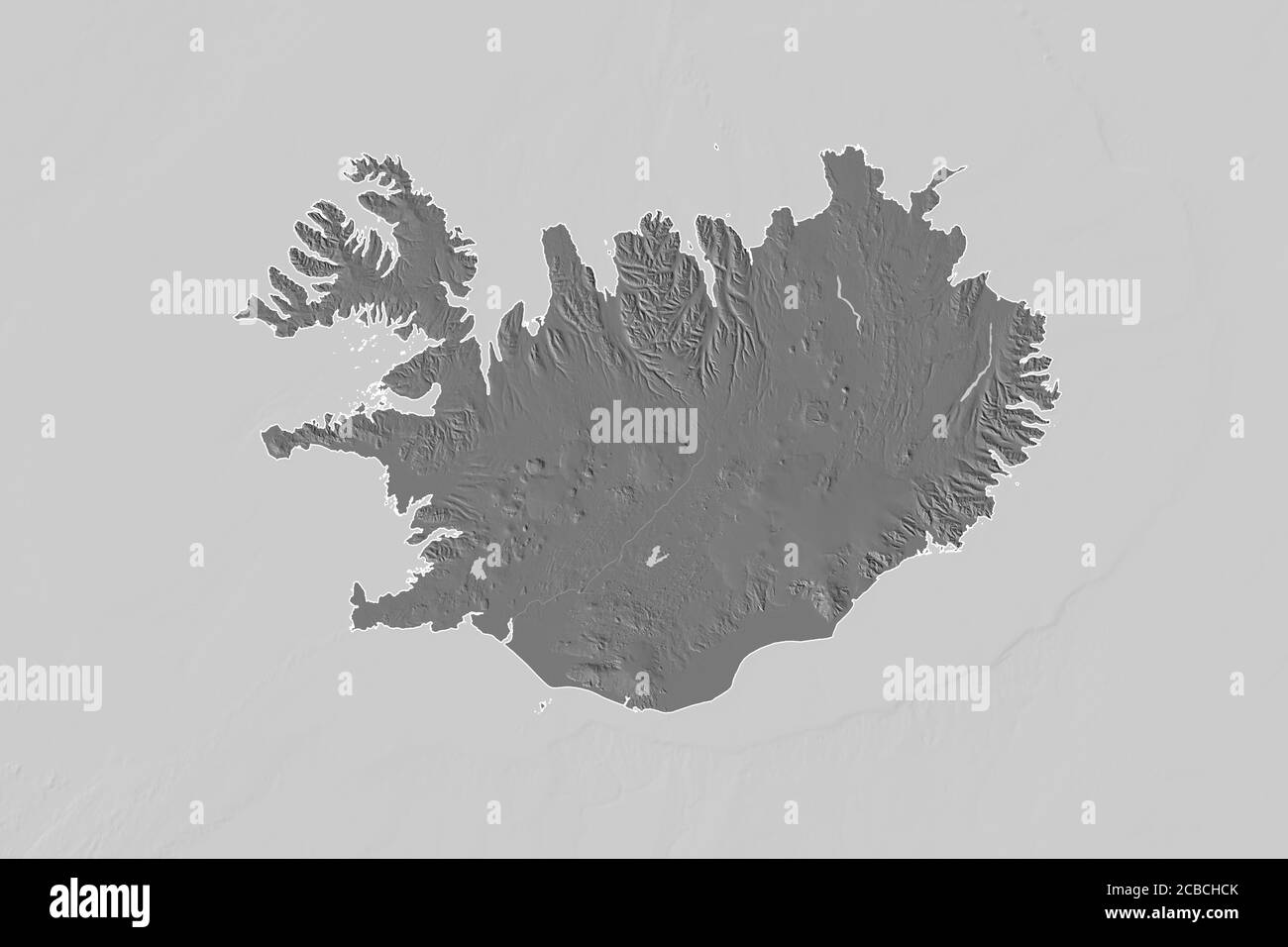 Extended area of outlined Iceland. Bilevel elevation map. 3D rendering ...