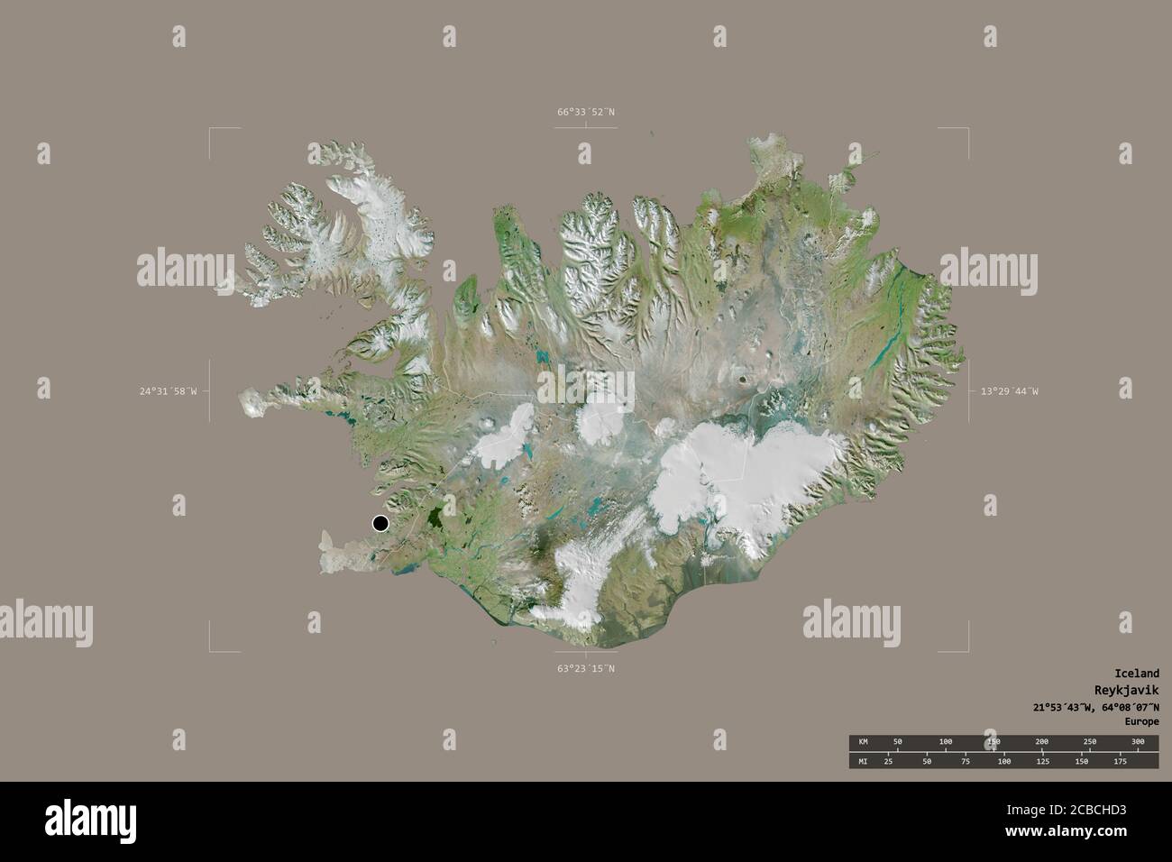 Area of Iceland isolated on a solid background in a georeferenced ...
