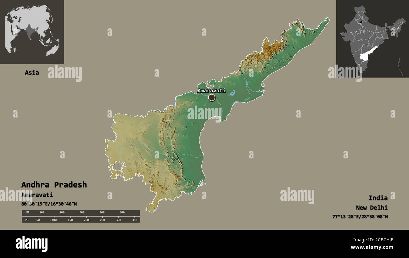 Shape of Andhra Pradesh, state of India, and its capital. Distance ...