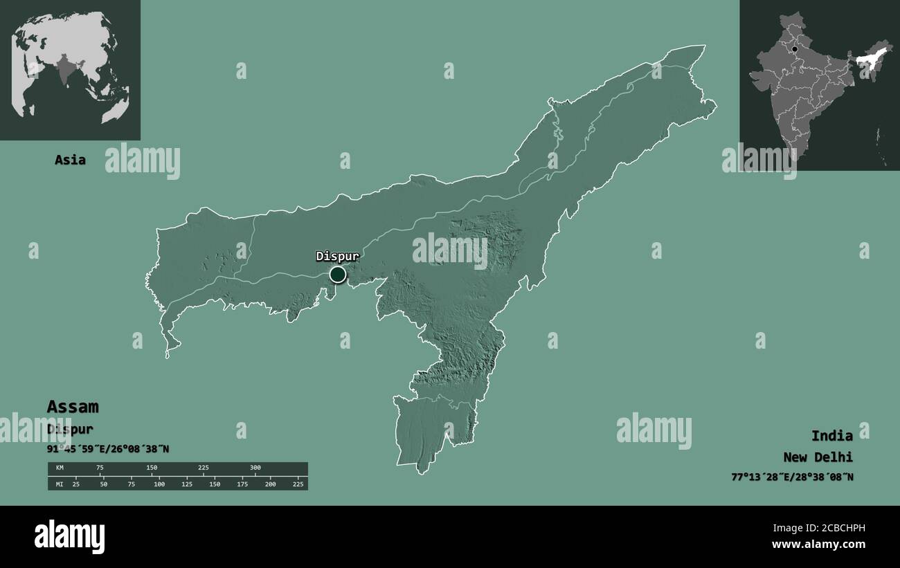 Shape of Assam, state of India, and its capital. Distance scale ...