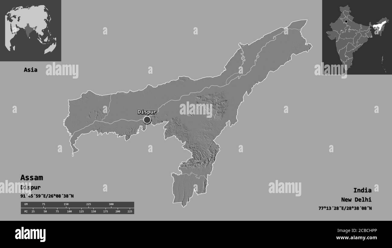 Shape of Assam, state of India, and its capital. Distance scale ...