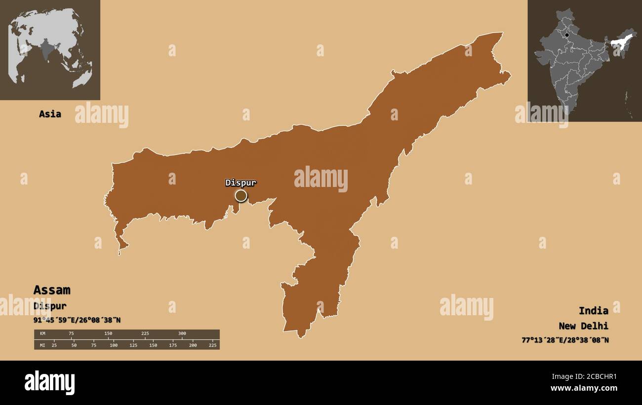 Shape of Assam, state of India, and its capital. Distance scale ...