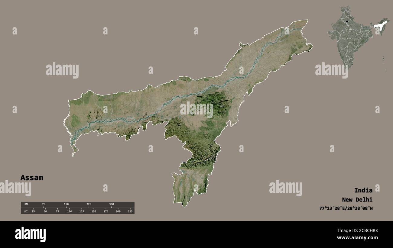 Shape of Assam, state of India, with its capital isolated on solid ...