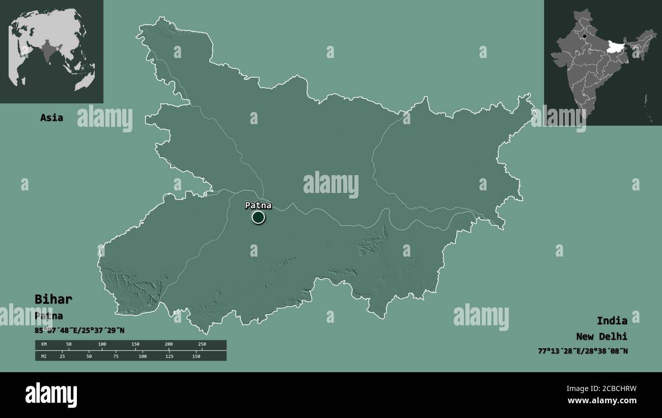 Shape of Bihar, state of India, and its capital. Distance scale ...