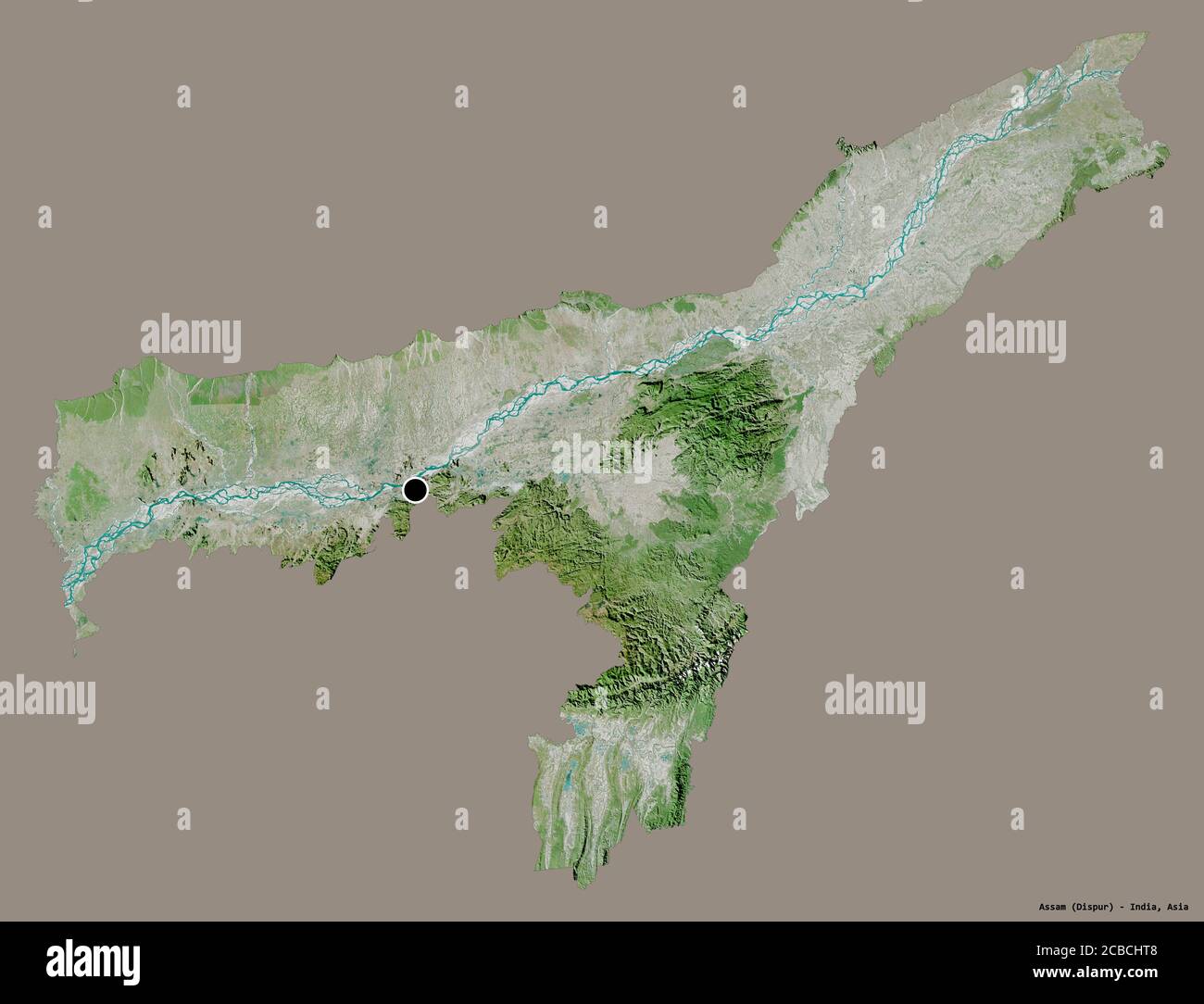 Shape of Assam, state of India, with its capital isolated on a solid ...