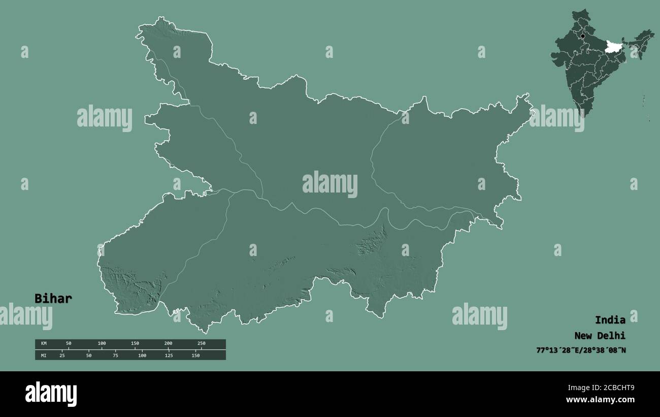Shape of Bihar, state of India, with its capital isolated on solid ...