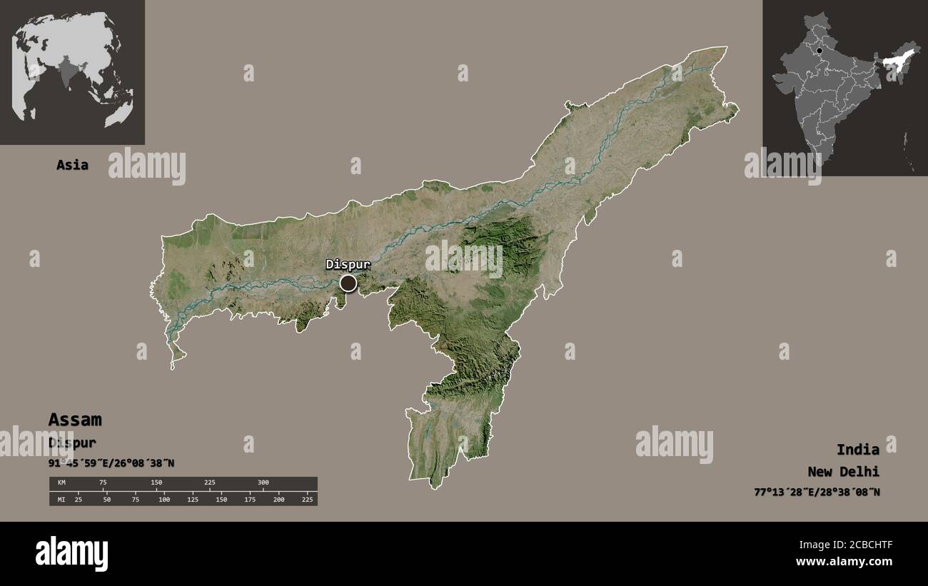 Shape of Assam, state of India, and its capital. Distance scale ...