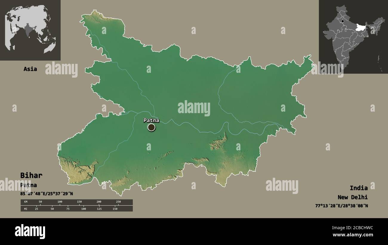 Shape of Bihar, state of India, and its capital. Distance scale ...