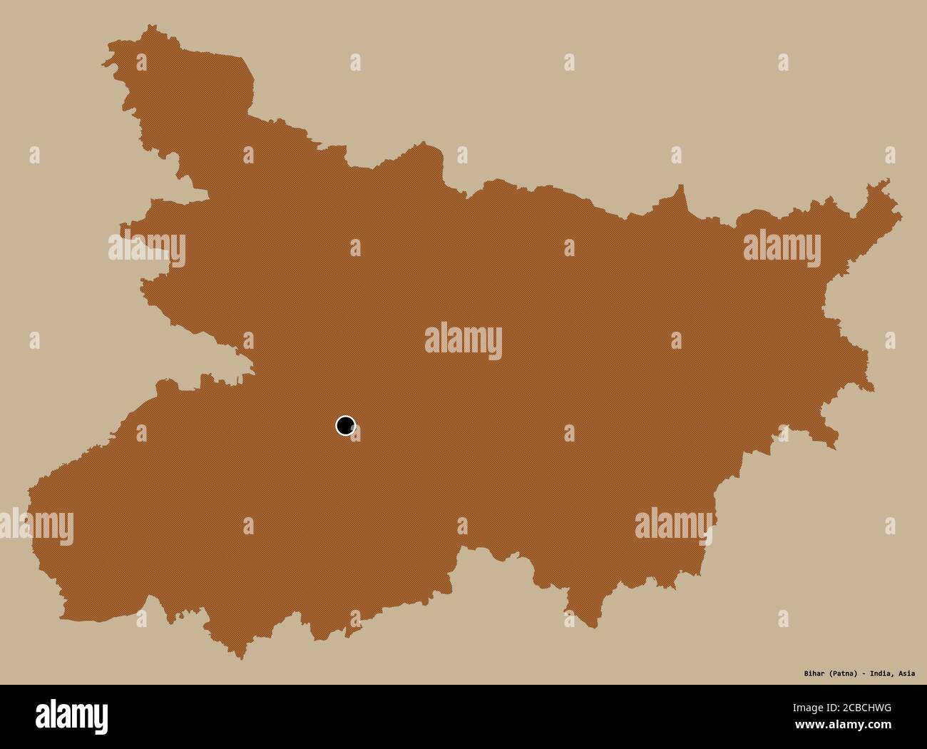 Shape of Bihar, state of India, with its capital isolated on a solid ...