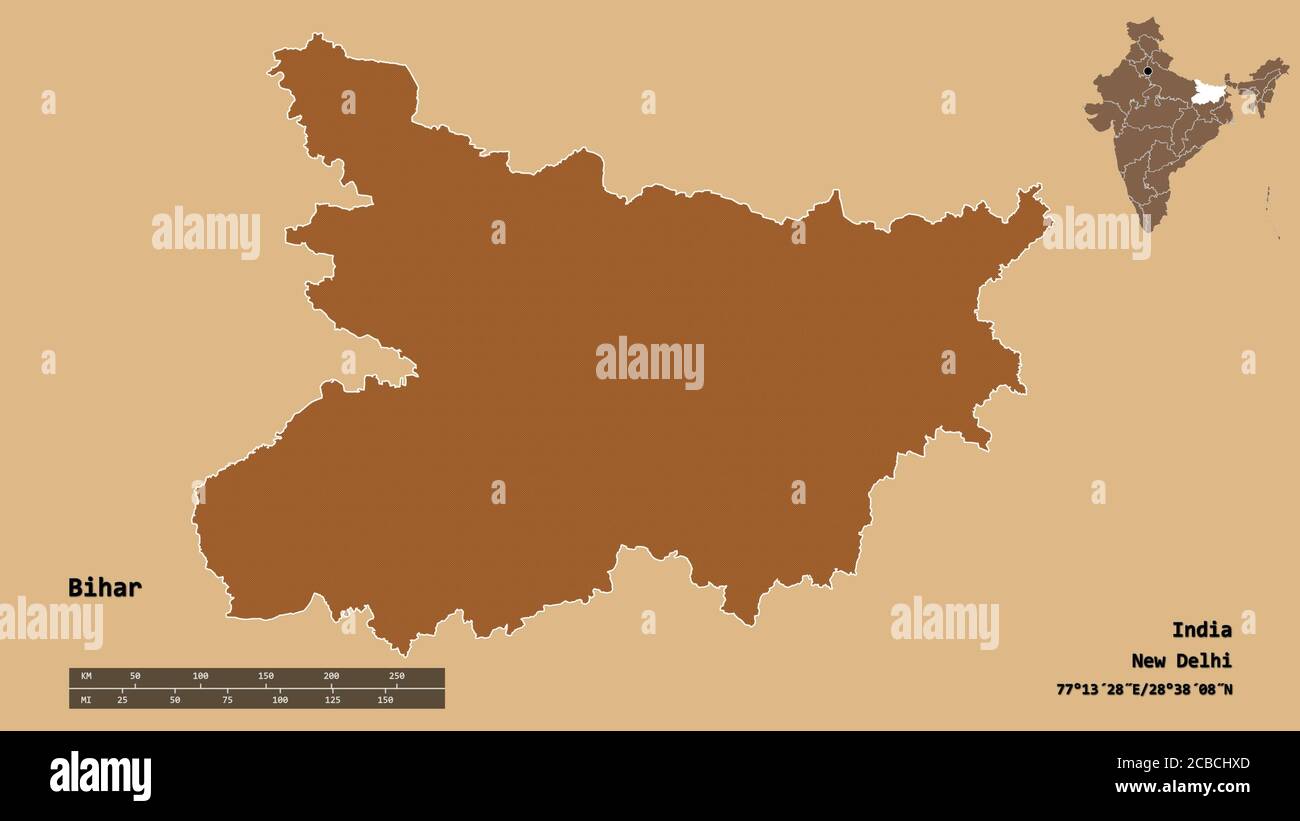 Shape of Bihar, state of India, with its capital isolated on solid ...