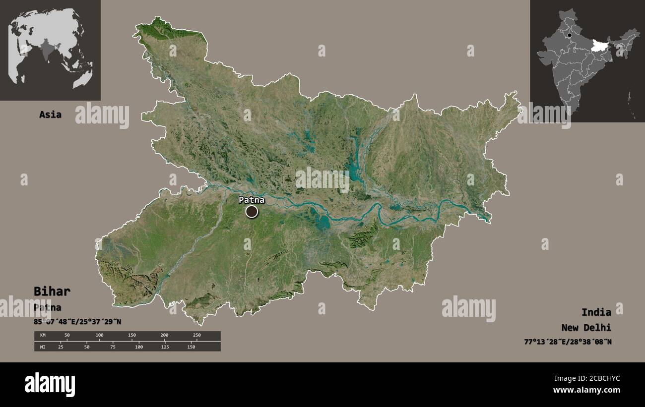 Shape of Bihar, state of India, and its capital. Distance scale ...