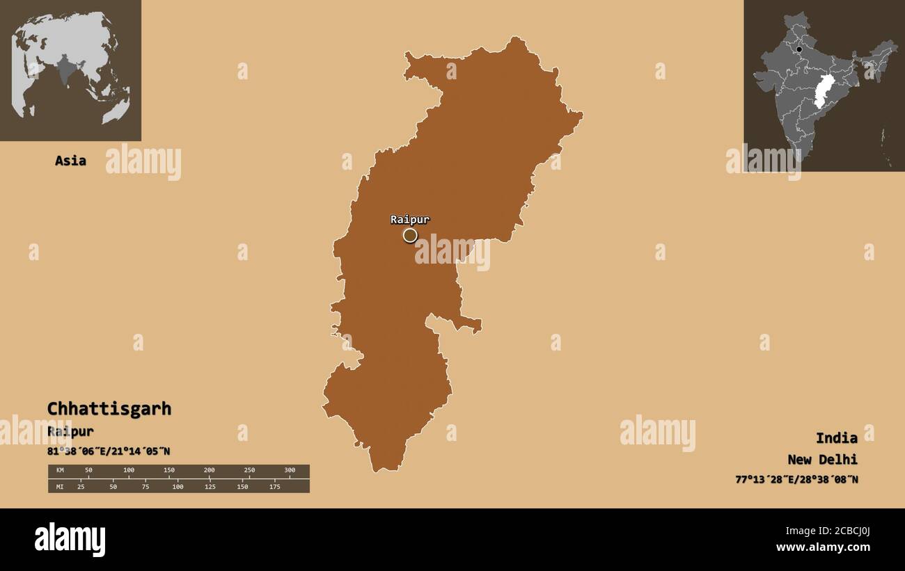 Shape of Chhattisgarh, state of India, and its capital. Distance scale ...