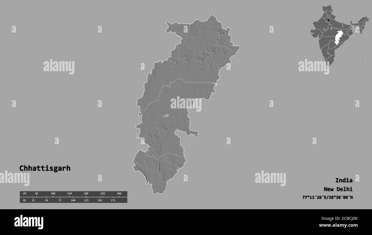 Shape of Chhattisgarh, state of India, with its capital isolated on ...