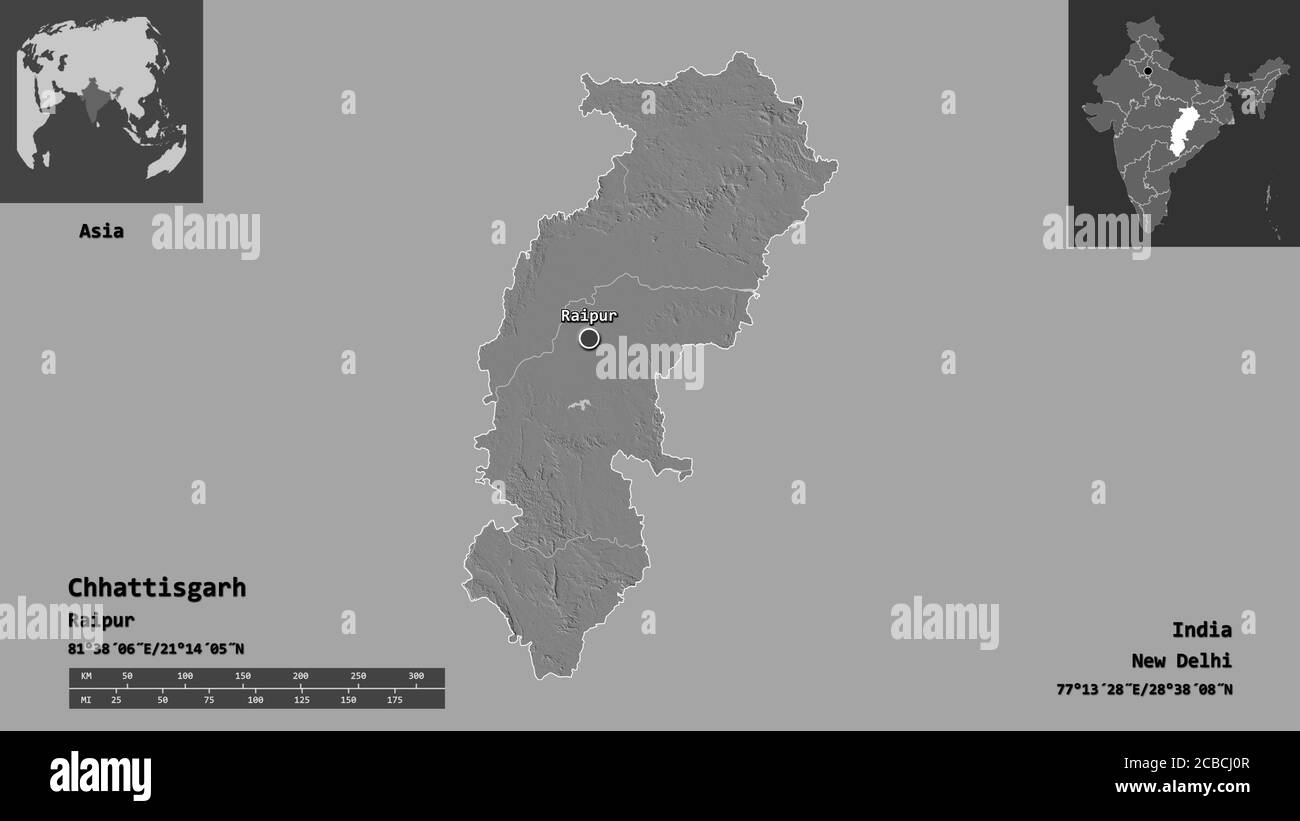 Shape of Chhattisgarh, state of India, and its capital. Distance scale ...