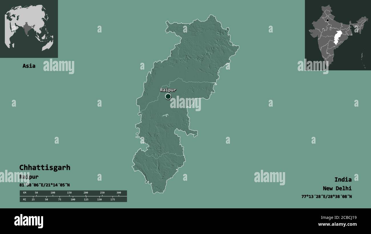 Shape of Chhattisgarh, state of India, and its capital. Distance scale ...