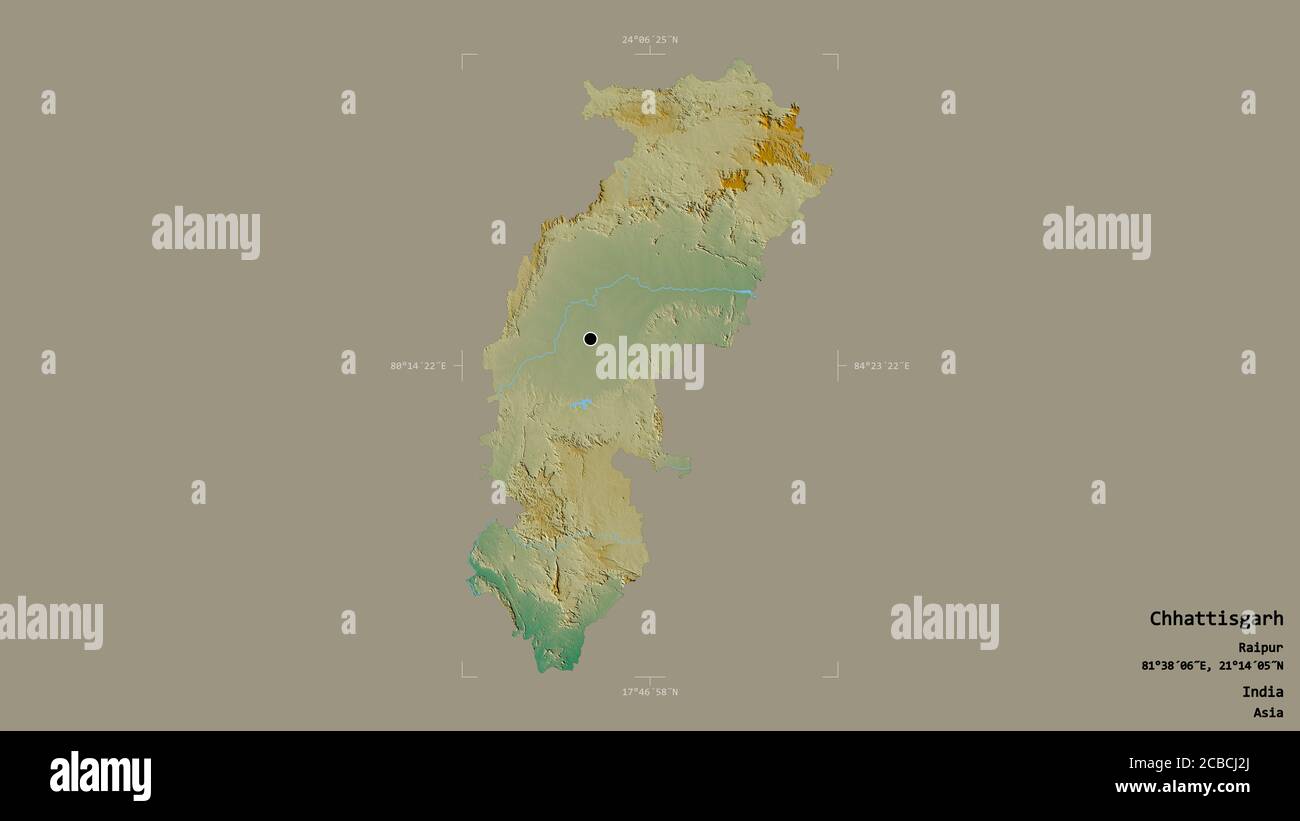 Area of Chhattisgarh, state of India, isolated on a solid background in ...