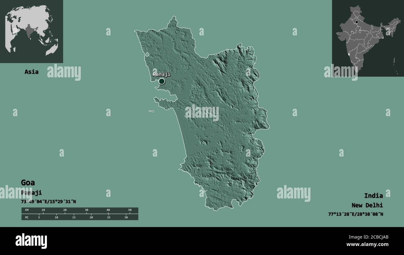 Shape of Goa, state of India, and its capital. Distance scale, previews ...