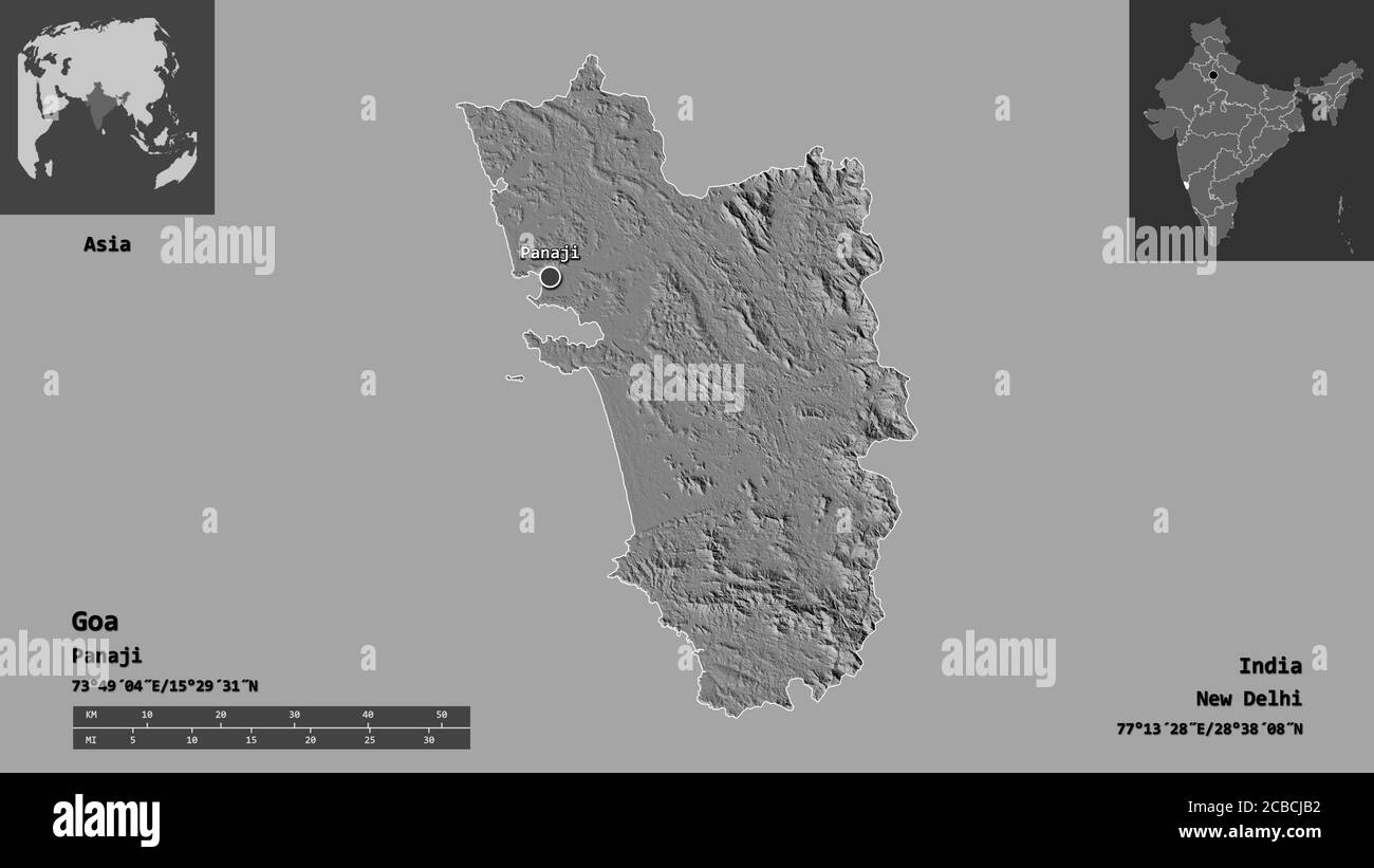 Shape of Goa, state of India, and its capital. Distance scale, previews ...