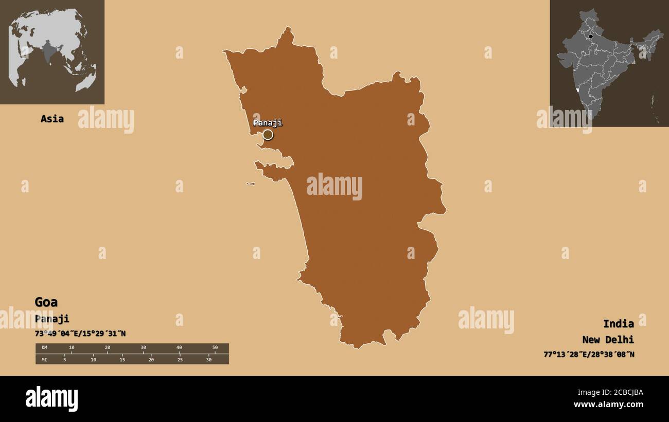 Shape of Goa, state of India, and its capital. Distance scale, previews ...