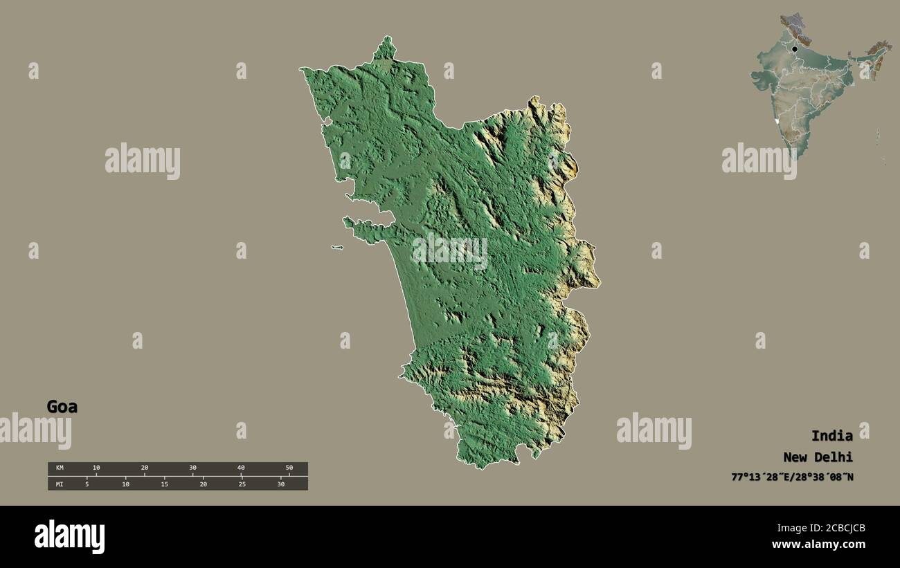 Shape of Goa, state of India, with its capital isolated on solid ...