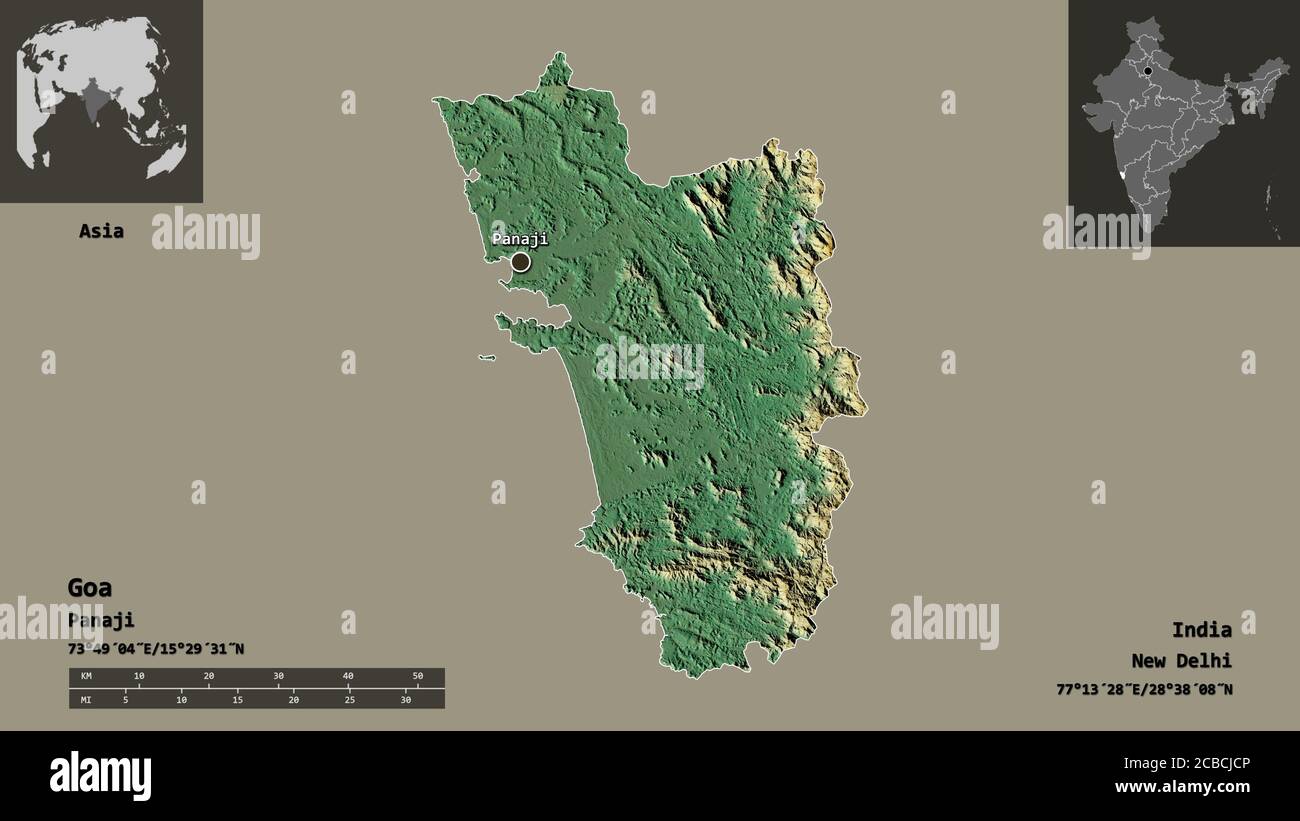 Shape of Goa, state of India, and its capital. Distance scale, previews ...
