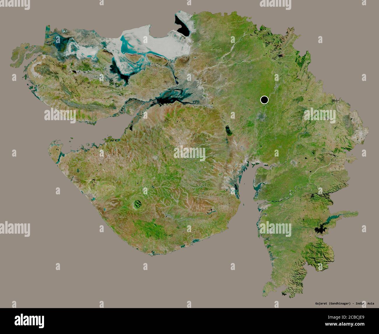 Shape of Gujarat, state of India, with its capital isolated on a solid ...