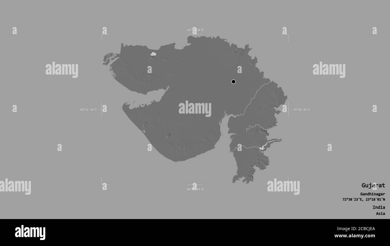 Area of Gujarat, state of India, isolated on a solid background in a ...