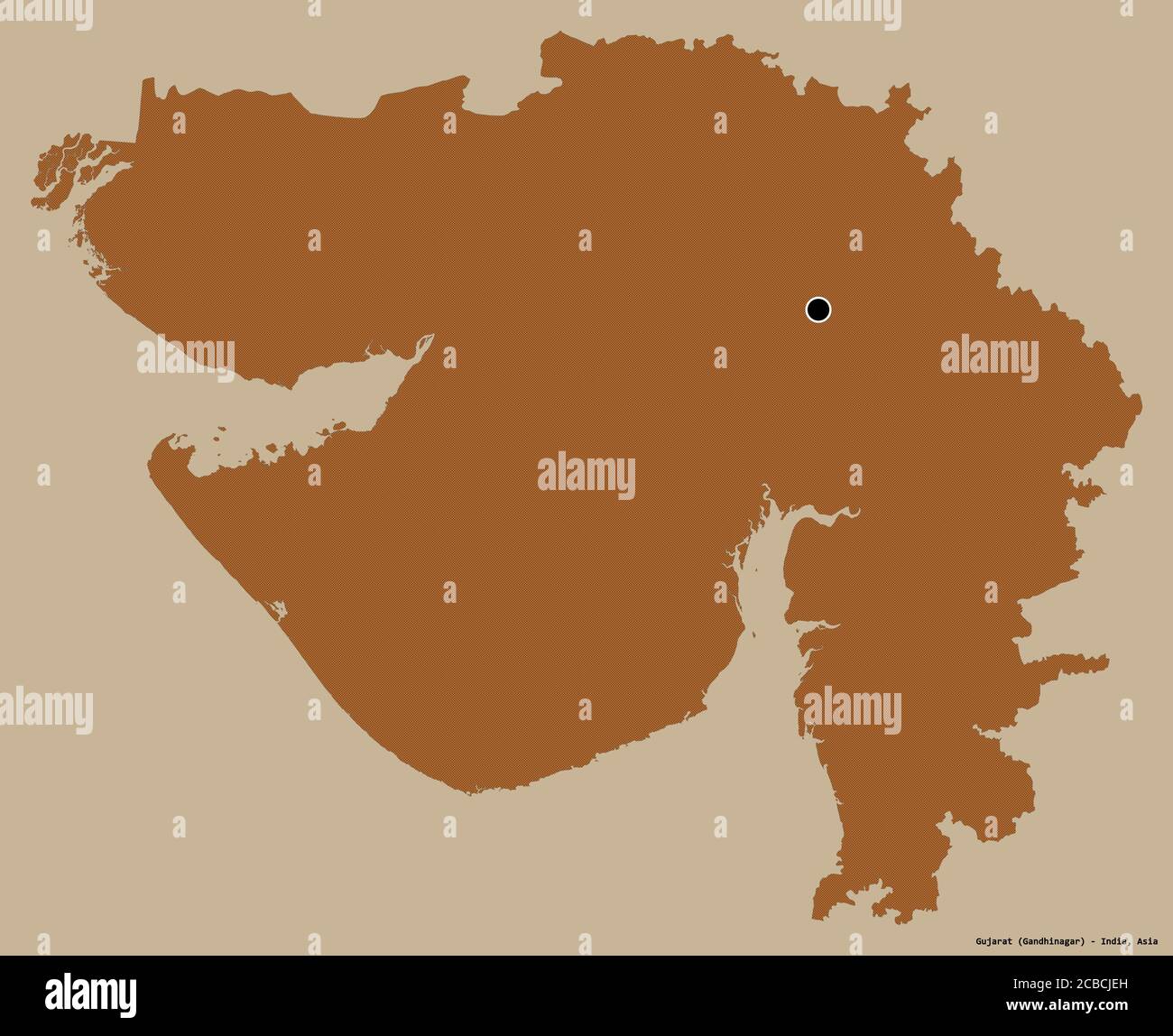 Shape of Gujarat, state of India, with its capital isolated on a solid ...