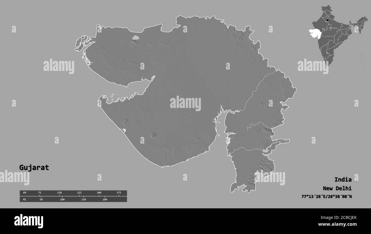 Shape of Gujarat, state of India, with its capital isolated on solid ...