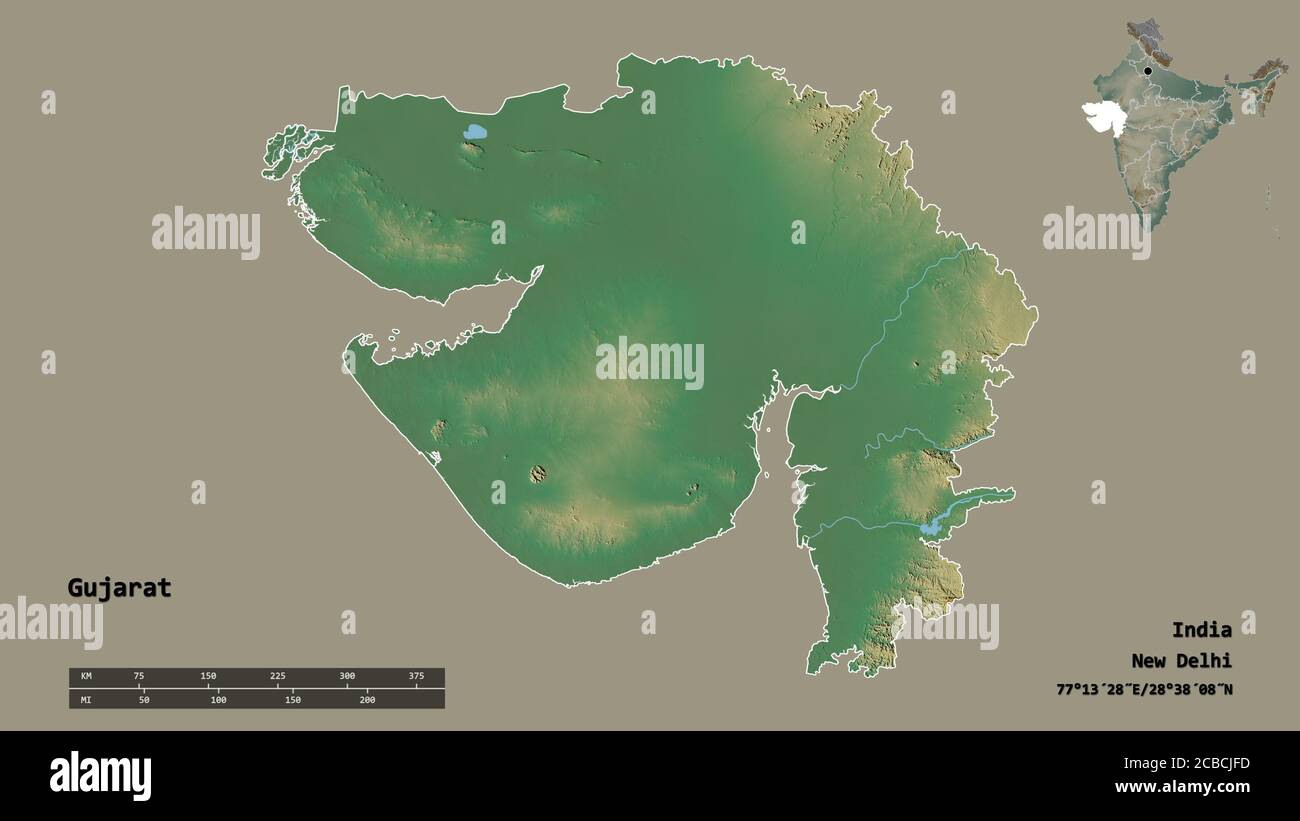 Shape of Gujarat, state of India, with its capital isolated on solid ...