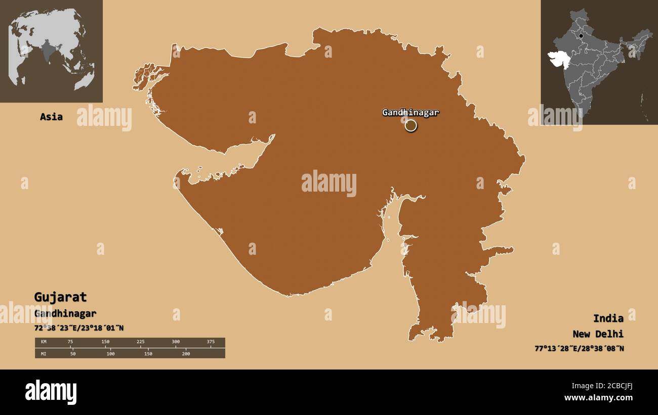 Shape of Gujarat, state of India, and its capital. Distance scale ...