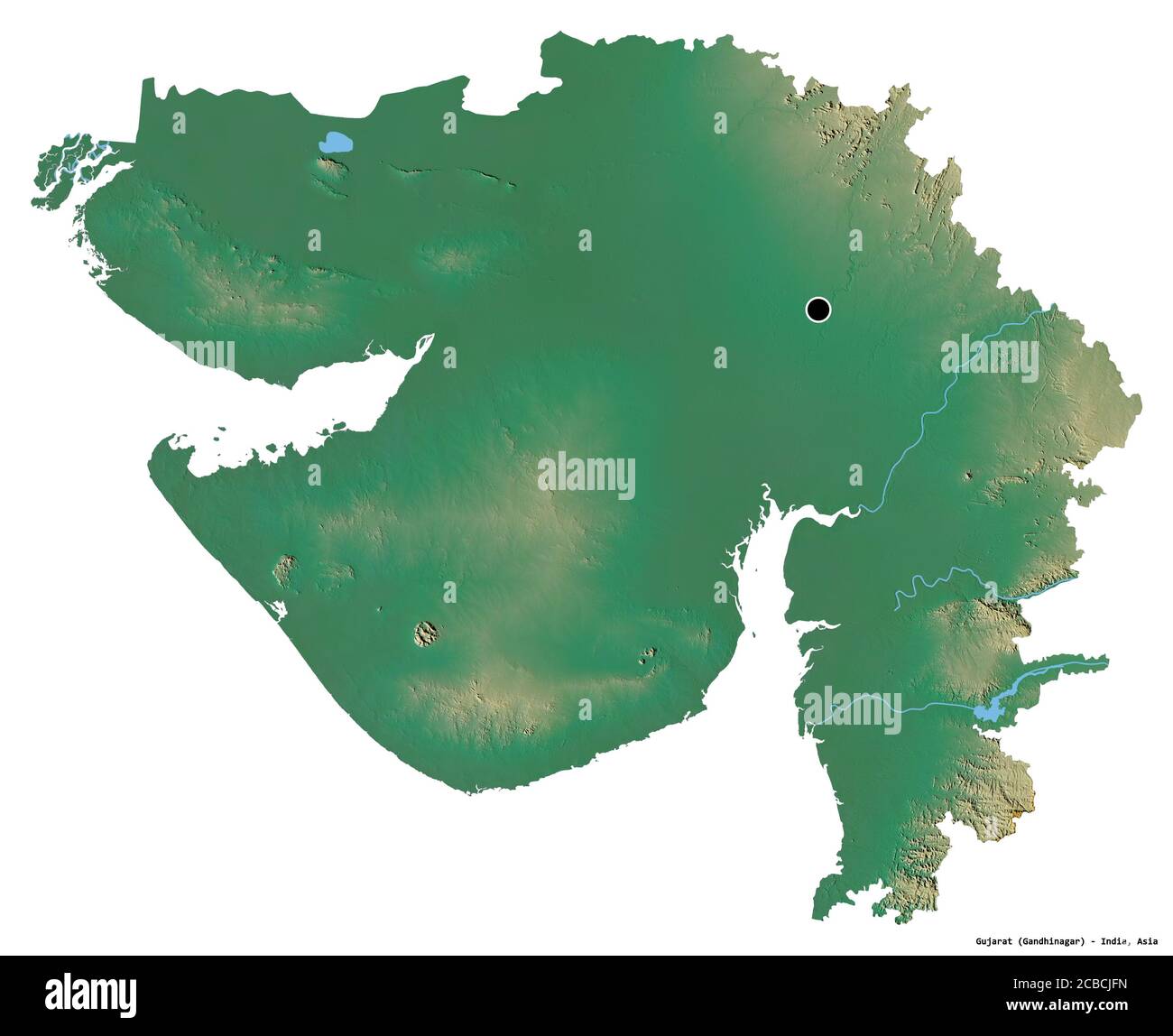 Shape of Gujarat, state of India, with its capital isolated on white ...