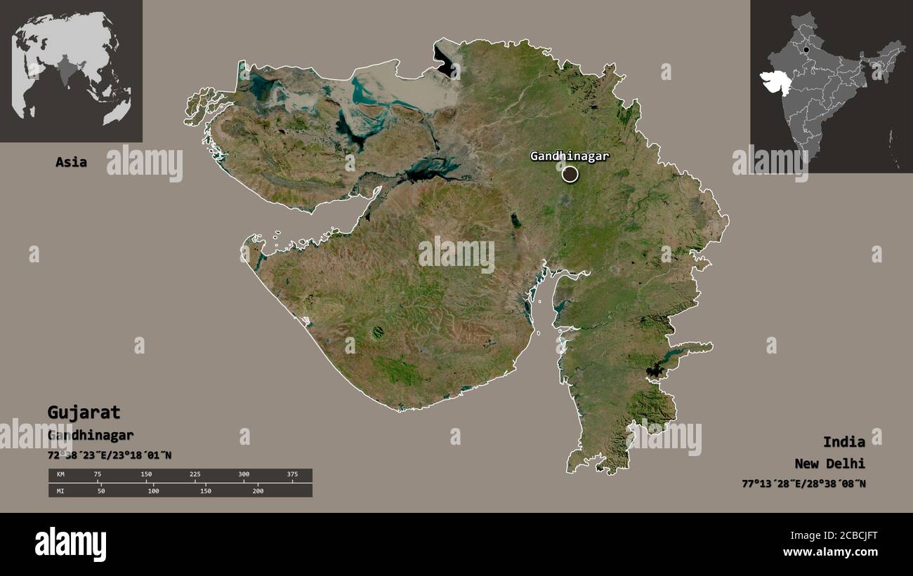 Shape of Gujarat, state of India, and its capital. Distance scale ...