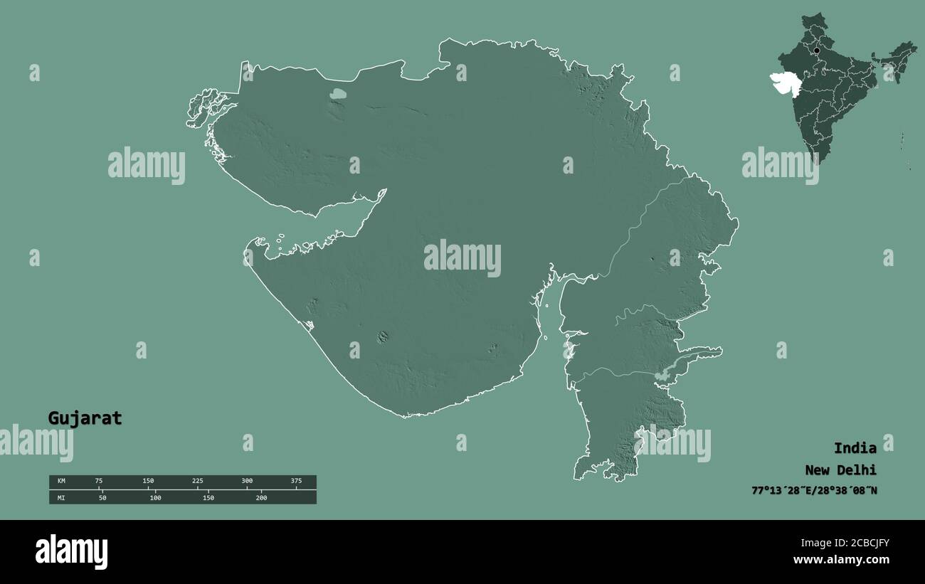 Shape of Gujarat, state of India, with its capital isolated on solid ...