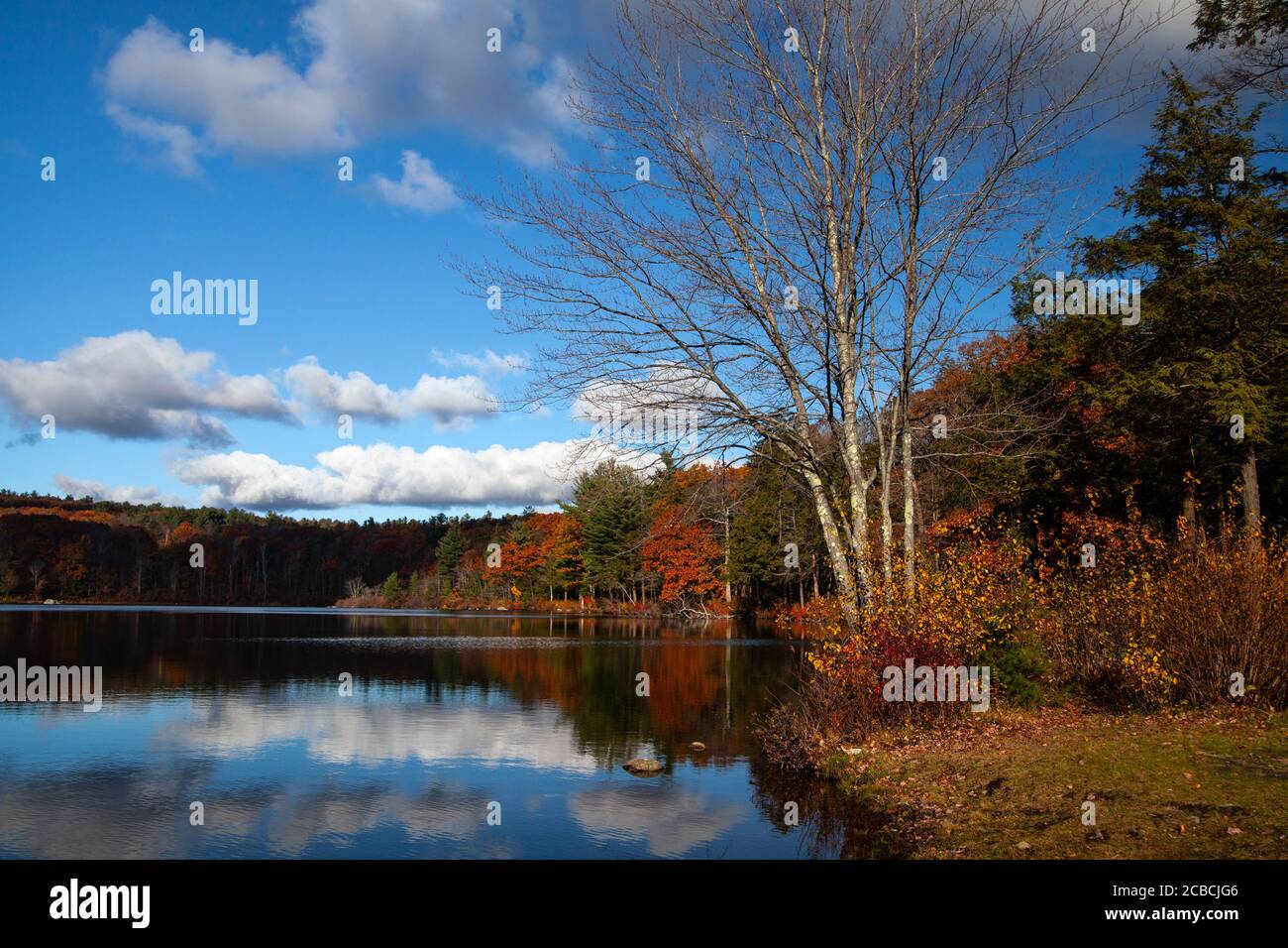 The smooth surface of the lake water reflects the blue sky with white ...