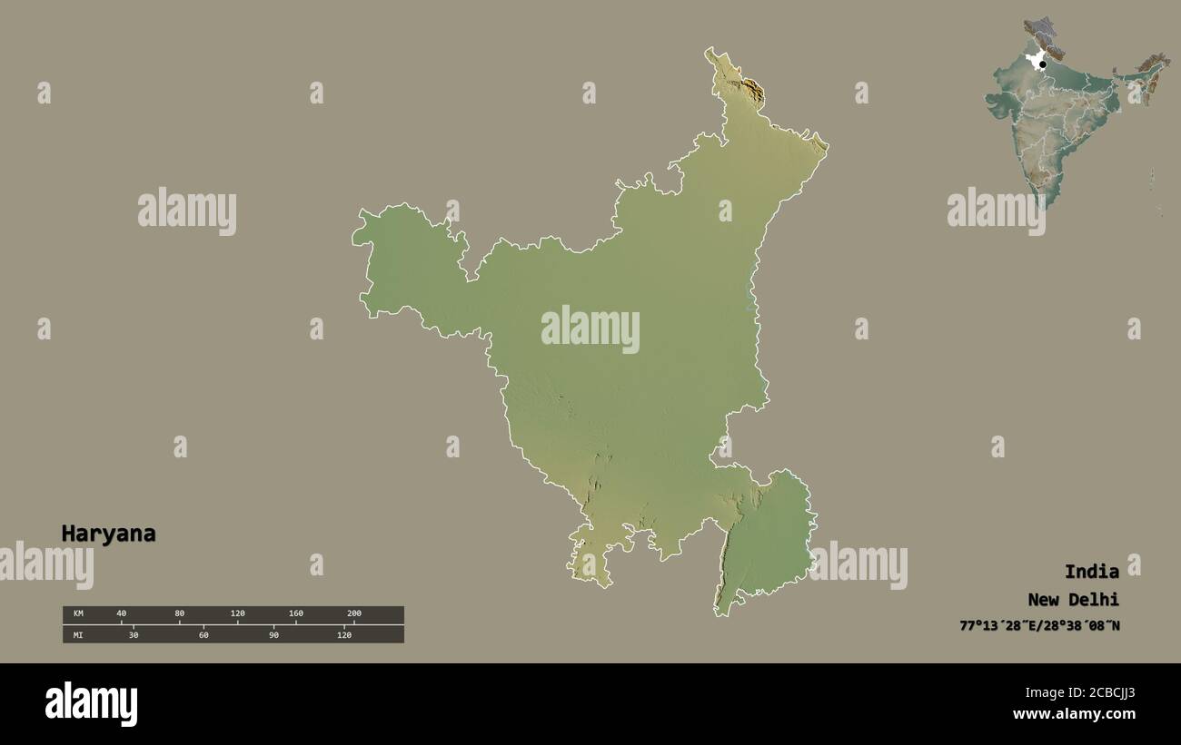 Shape of Haryana, state of India, with its capital isolated on solid ...