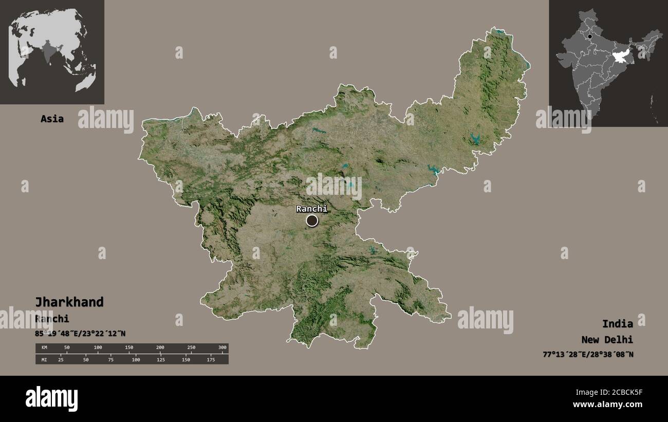 Shape of Jharkhand, state of India, and its capital. Distance scale ...