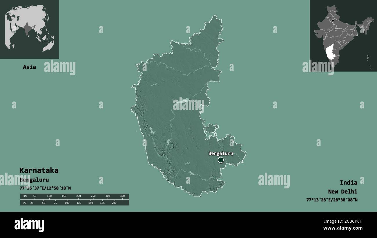 Shape of Karnataka, state of India, and its capital. Distance scale ...