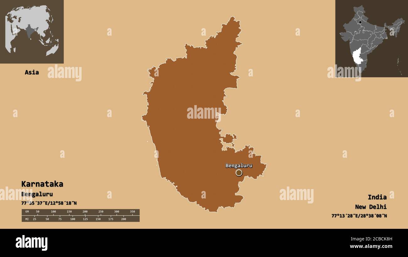 Shape of Karnataka, state of India, and its capital. Distance scale ...