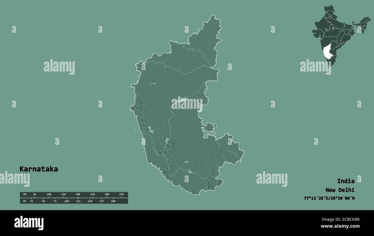 Shape of Karnataka, state of India, with its capital isolated on solid ...