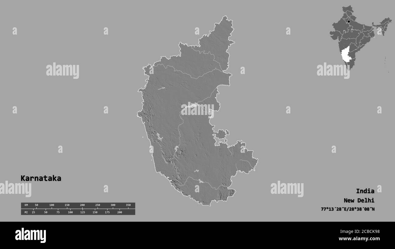 Shape of Karnataka, state of India, with its capital isolated on solid ...